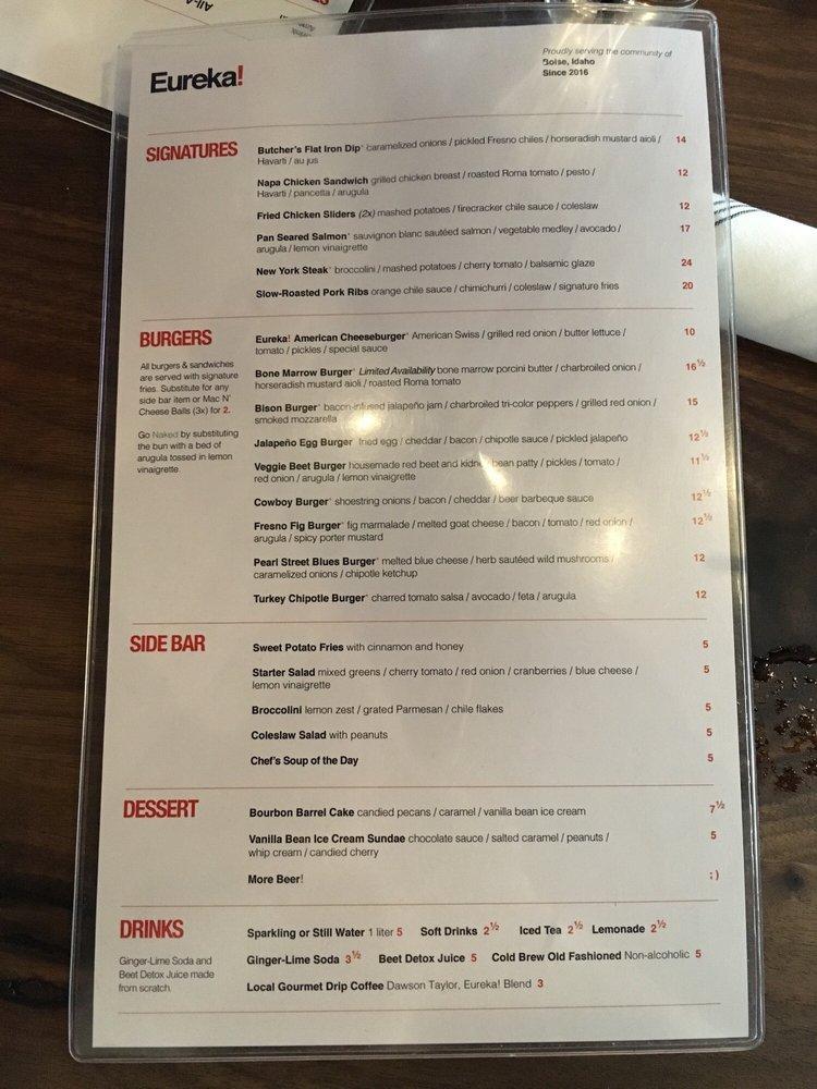 Menu at Eureka! restaurant, Boise
