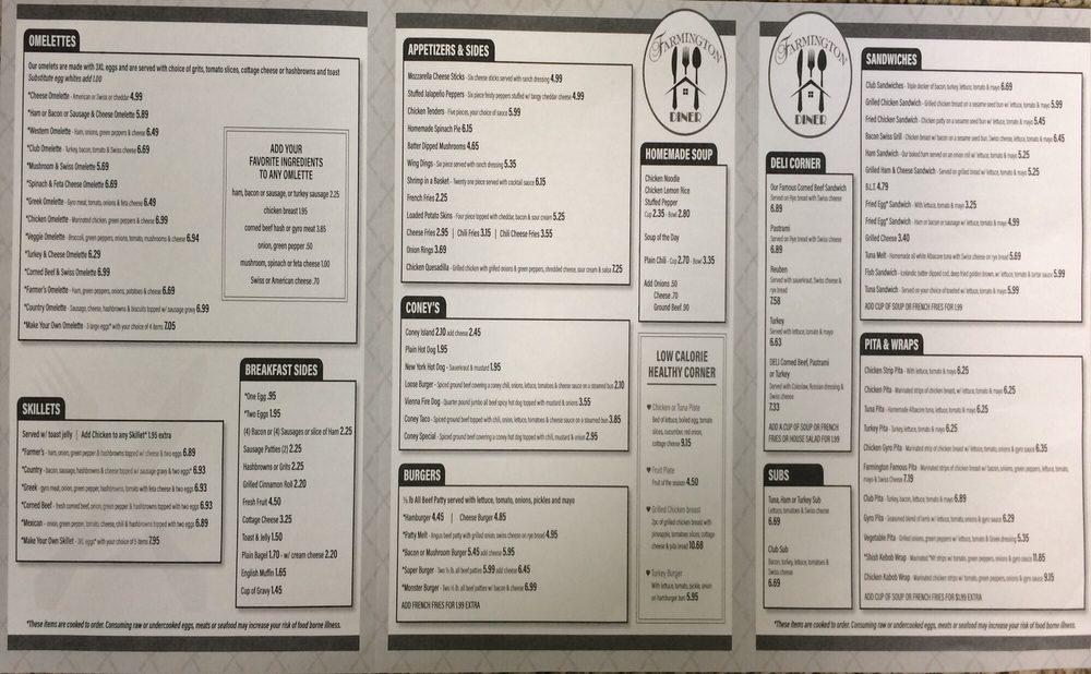 Menu at Farmington Diner restaurant, Farmington Hills