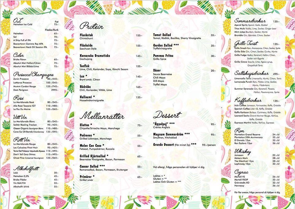 Menu at Grillo restaurant, Gävle