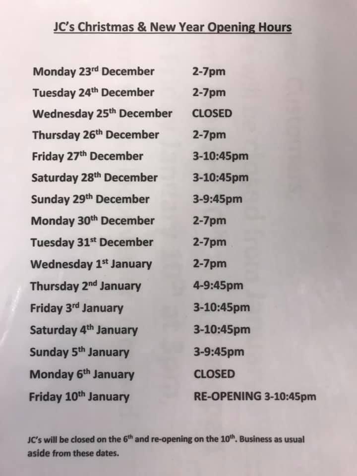 Menu at JC's Takeaway restaurant, Skibbereen