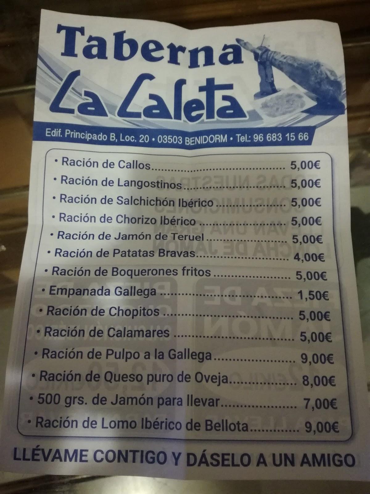 Carta del pub y bar La Caleta, Benidorm, Carretera Doctor Pérez Llorca