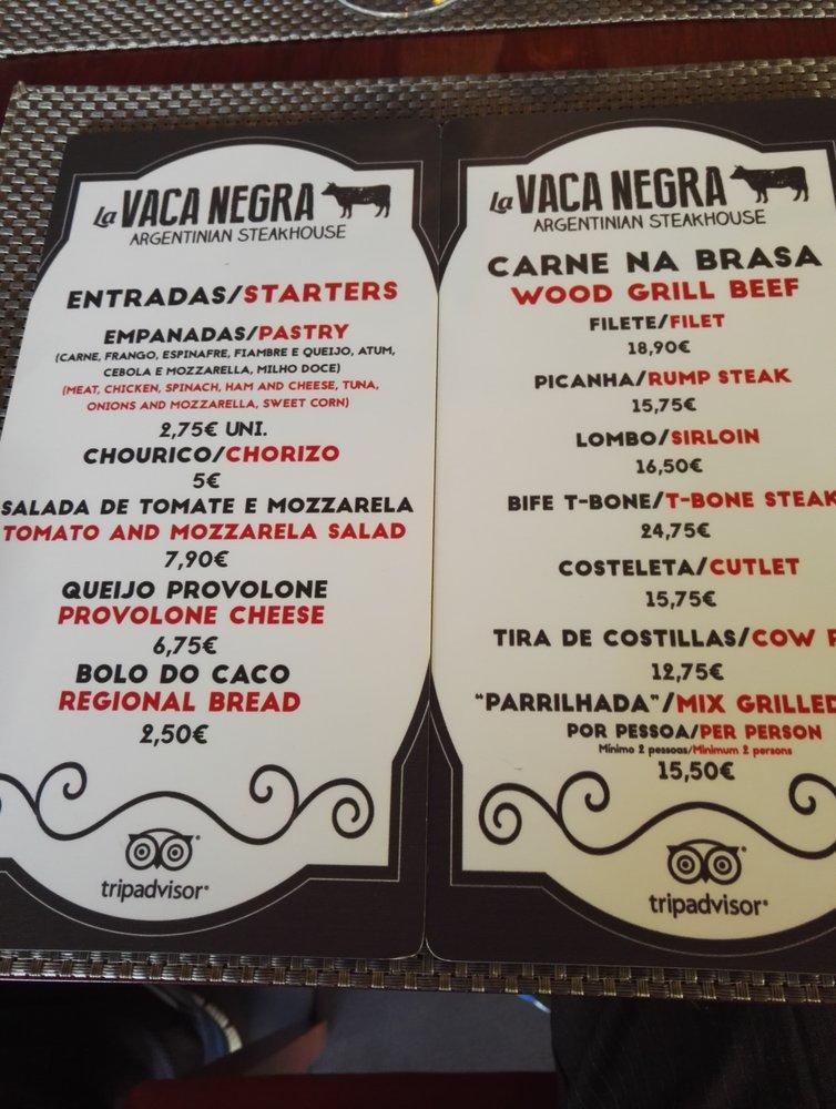 Menu at La Vaca Negra steakhouse, Funchal