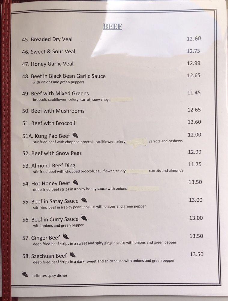 Menu at New China Kitchen restaurant, Winnipeg