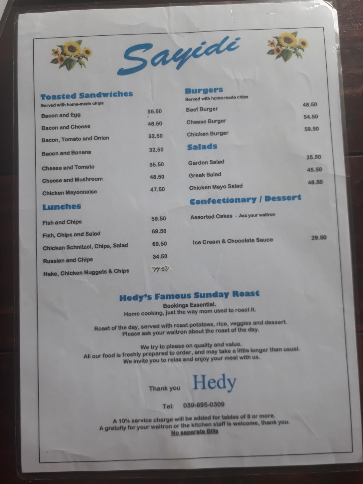 Menu at Sayidi Coffee Shop & Farm Stall restaurant, Port Shepstone