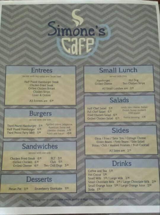 Menu at Simone's Cafe, Guthrie, S Division St