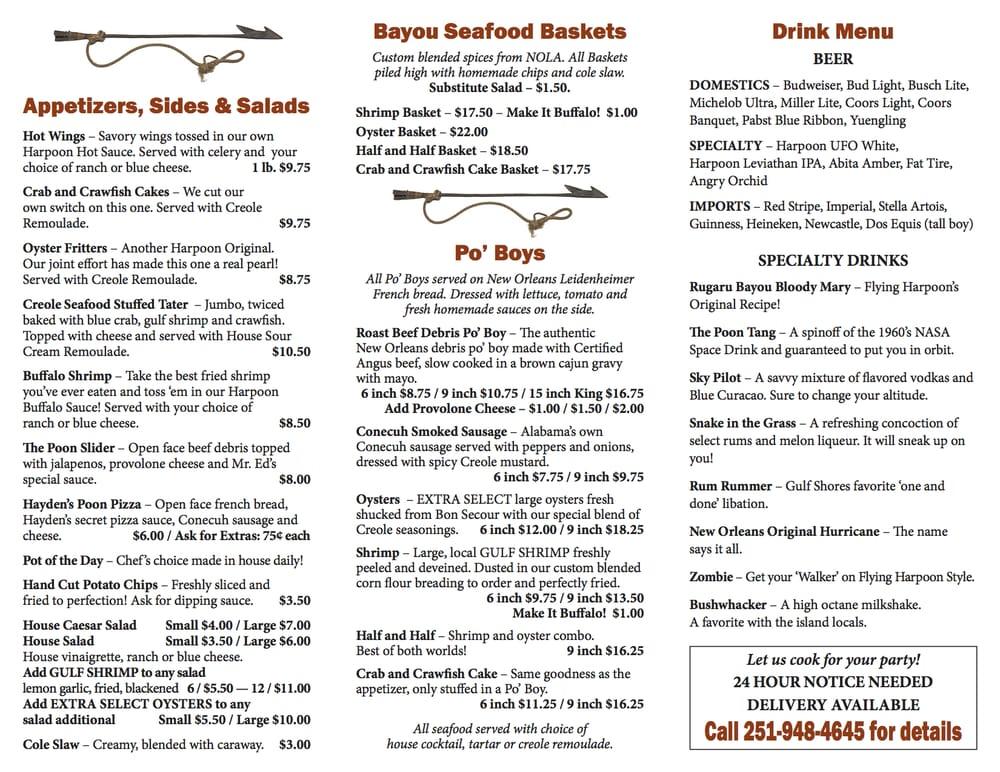 Menu at The Flying Harpoon - Kitchen 11-1 Bar 11-2, Gulf Shores