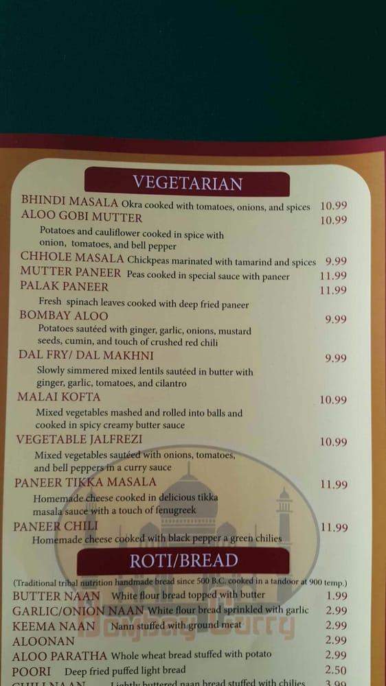 Carta del postres Bombay Curry, Melbourne, 101 W Florida Ave
