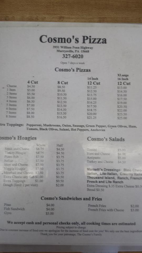 Menu at Cosmo's Pizza pizzeria, Murrysville