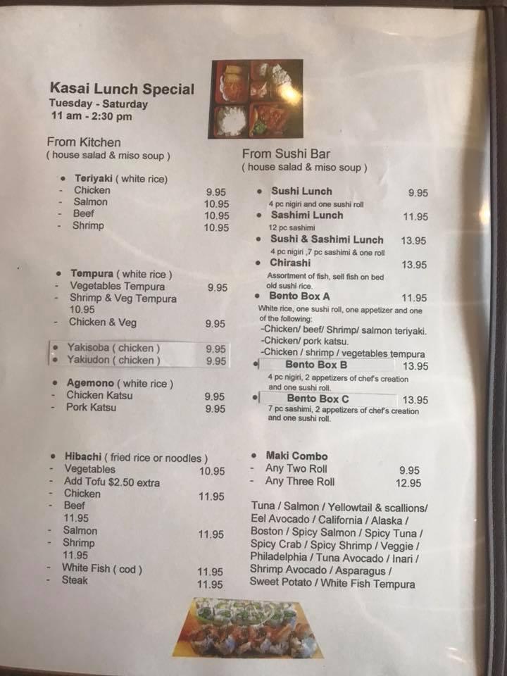 Menu at Kasai Japanese Restaurant, Green