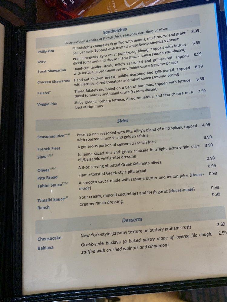 Menu at Pita Alley pizzeria, Carbondale