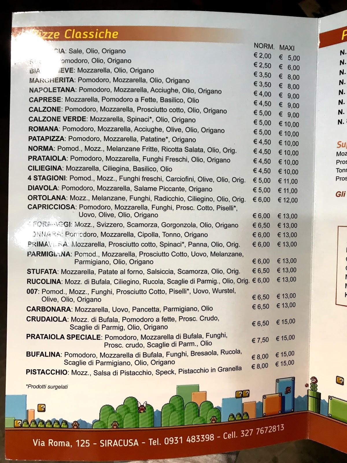 Menu at Pizzeria da Mario, Syracuse