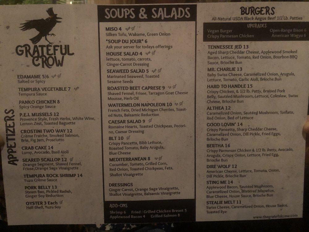 Menu at The Grateful Crow restaurant, Chelsea