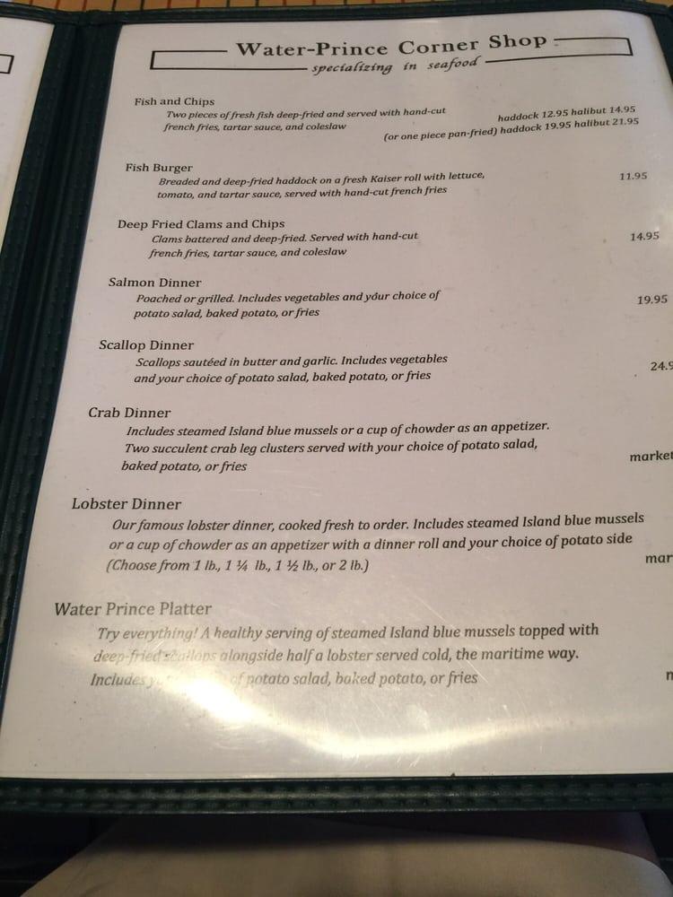 Menu at Water Prince Corner Shop restaurant, Charlottetown