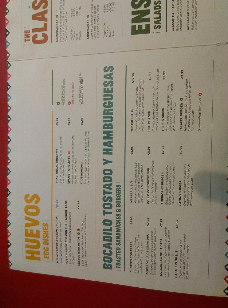 Menu at Cactus Jacks restaurant, Dublin