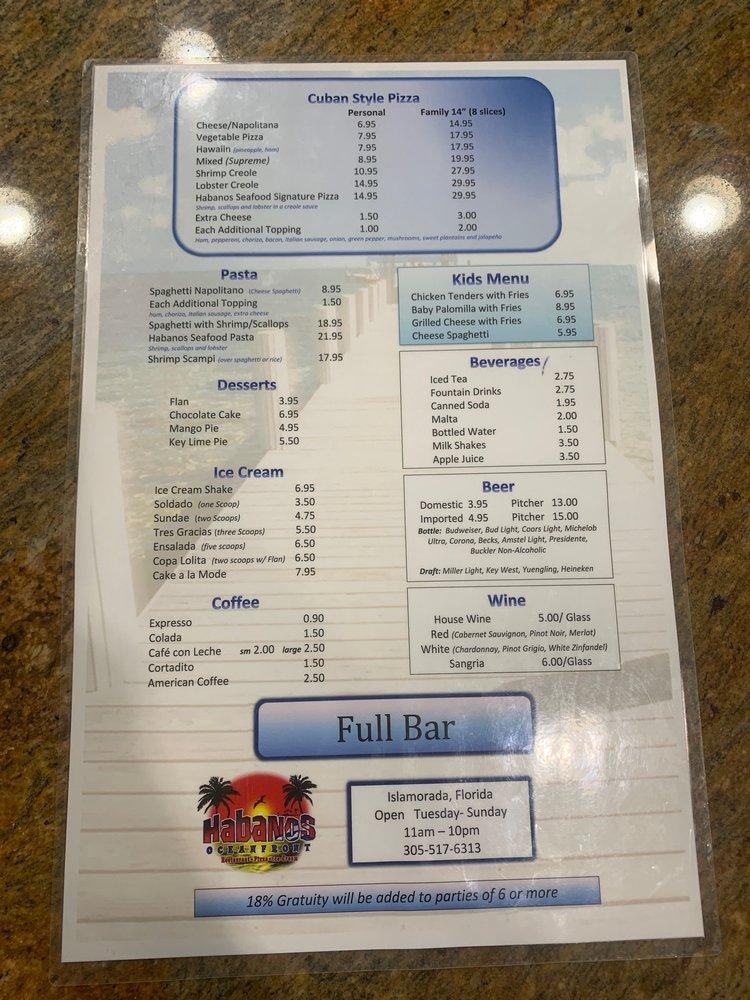 Menu at Habanos Oceanfront Dining pub & bar, Islamorada