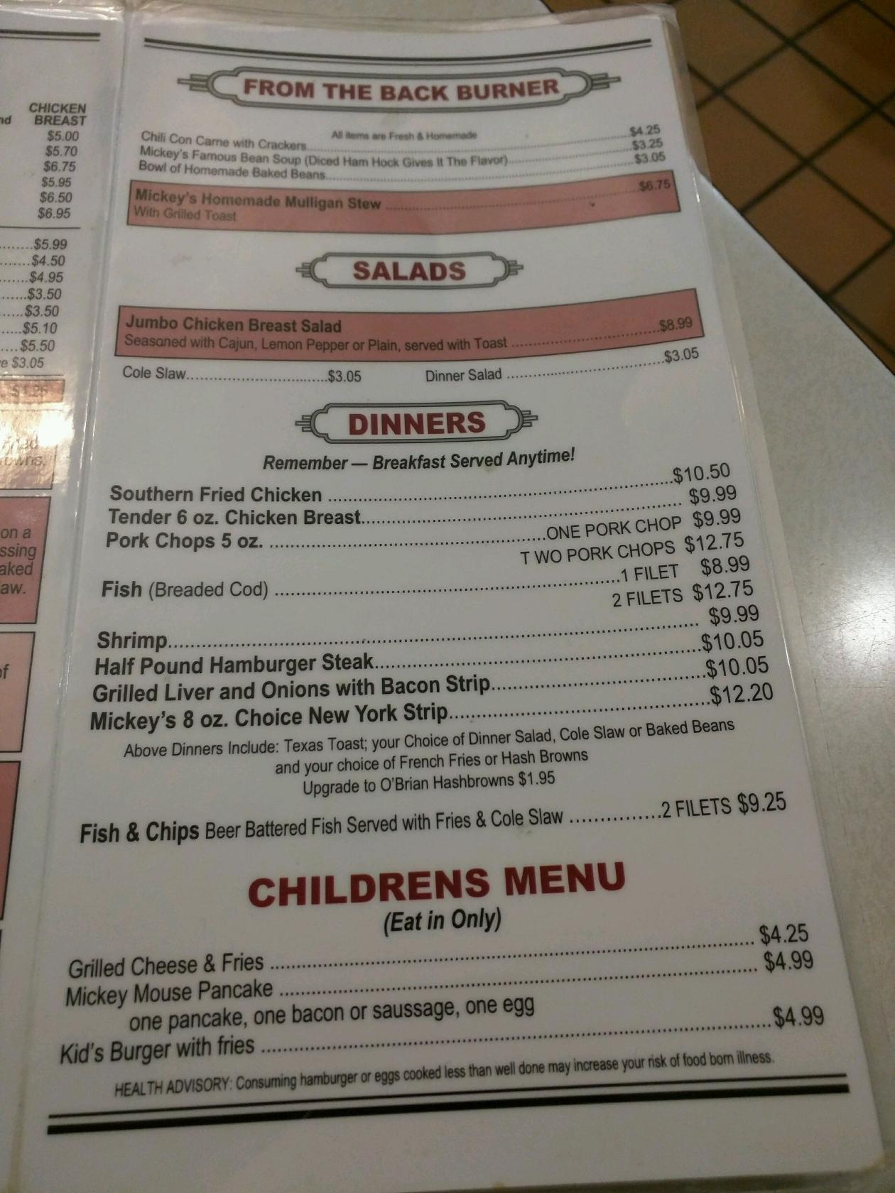 Carta del restaurante Mickey's Diner By willy, Saint Paul, 7th St W