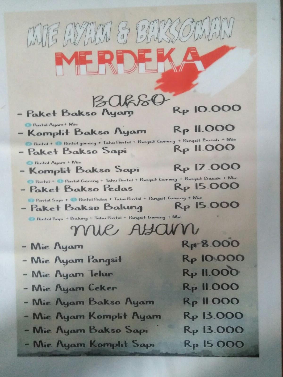 Menu at Mie Ayam & Bakso Malang Merdeka restaurant, Jembrana