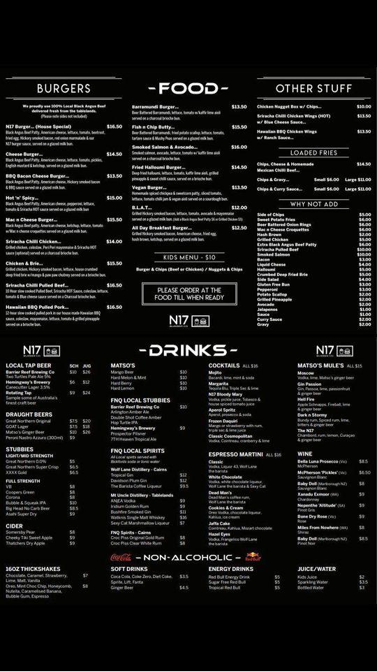 Menu at N17 burger co restaurant, Port Douglas