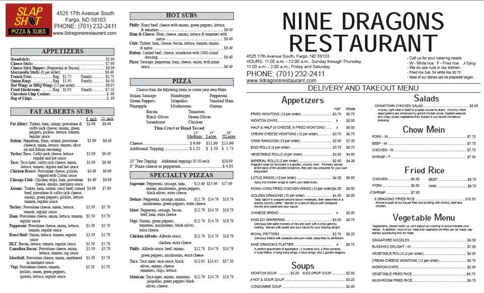 Menu at Nine Dragons Restaurant & Slap Shot Pizza, Fargo, 23rd Ave S
