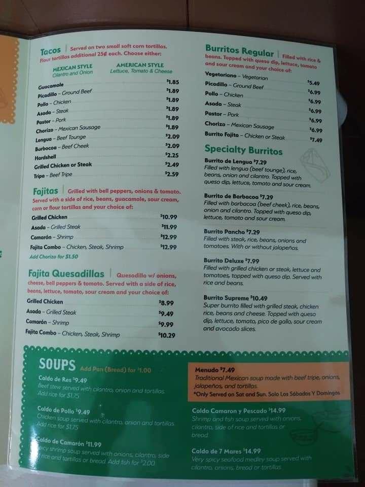 Menu at Puebla Mexican Restaurant, West Liberty