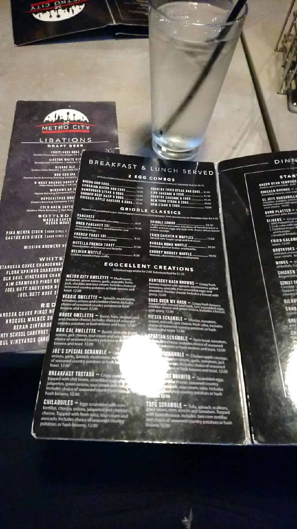 Menu at Pure Nightclub, Sunnyvale