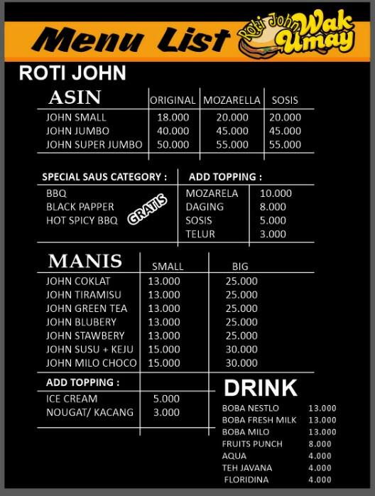 Menu at Roti John & Roti Bakar Wak Umay, Tasikmalaya, Jl. Galunggung No.23