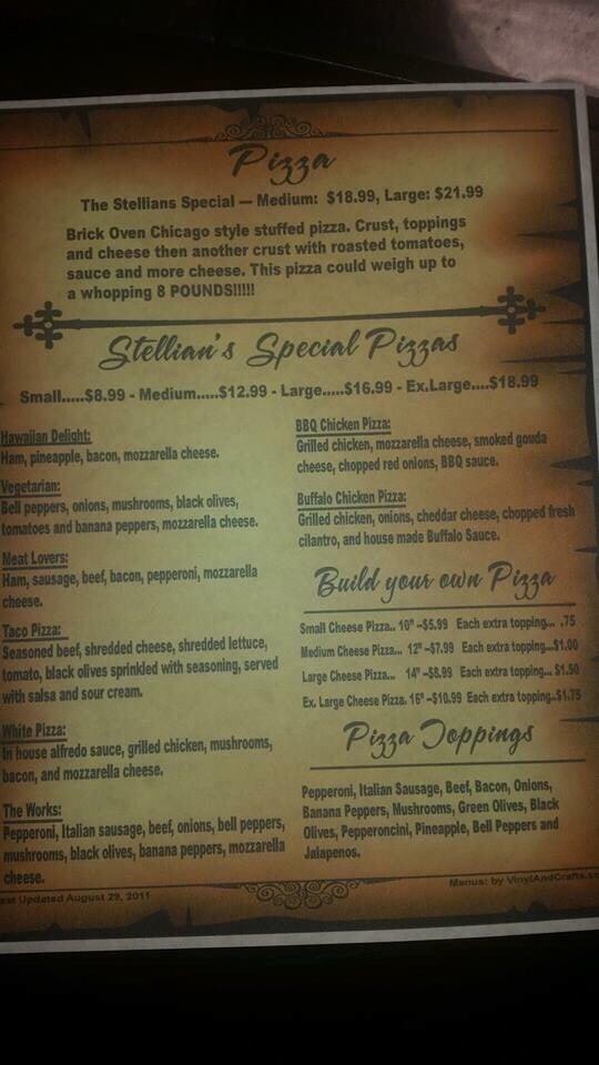 Menu at Stellian's restaurant, Central City