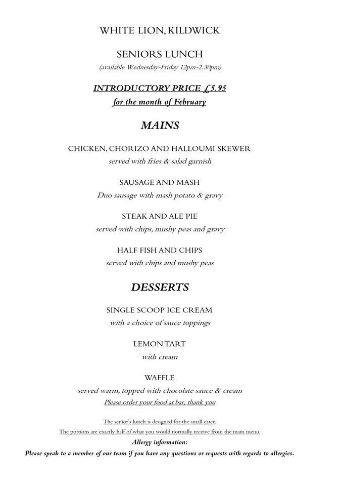 Menu at The White Lion pub & bar, Kildwick, Priest Bank Road