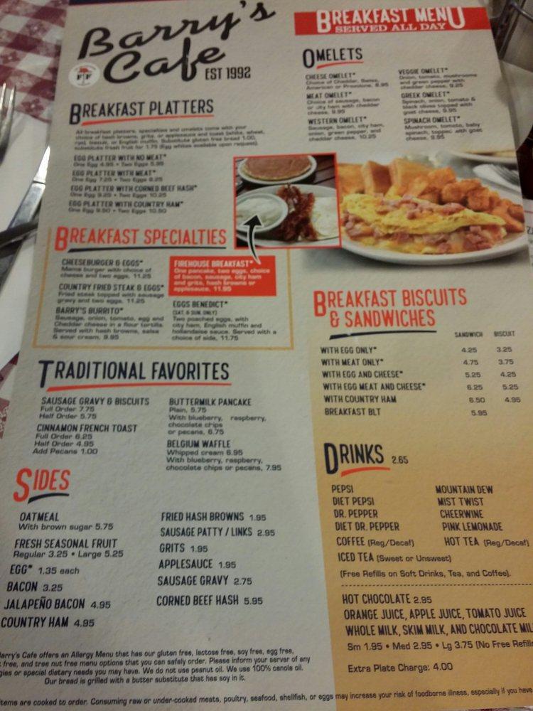 Menu at Barry's Cafe, Raleigh