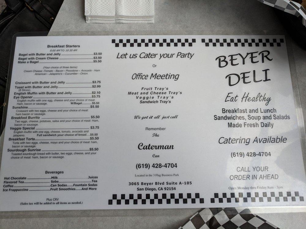 Menu at Beyer Deli restaurant, San Diego