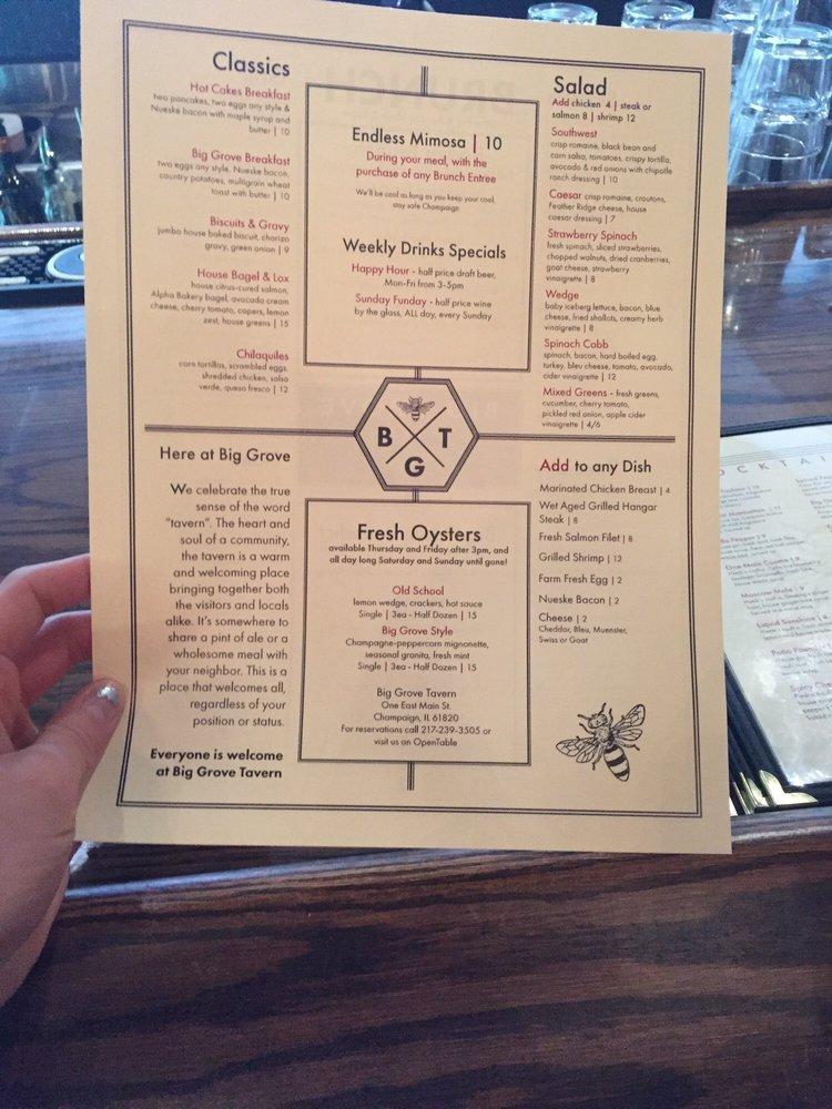 Menu at Big Grove Tavern pub & bar, Champaign
