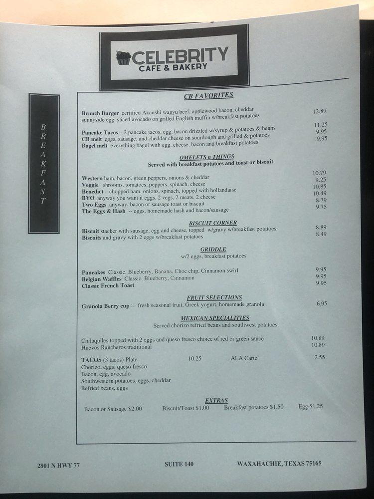 Menu at Celebrity Cafe and Bakery, Waxahachie