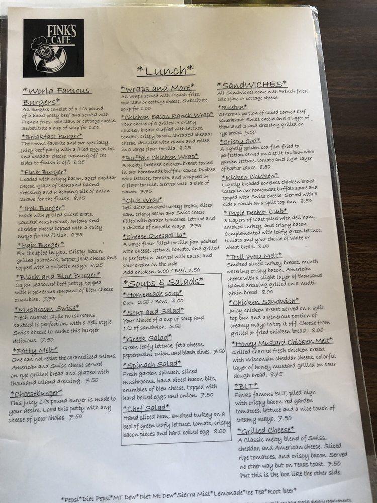 Menu at Fink's Restaurant, Mount Horeb