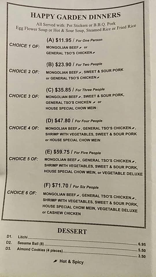 Menu at Happy Garden Chinese Restaurant, Shelton