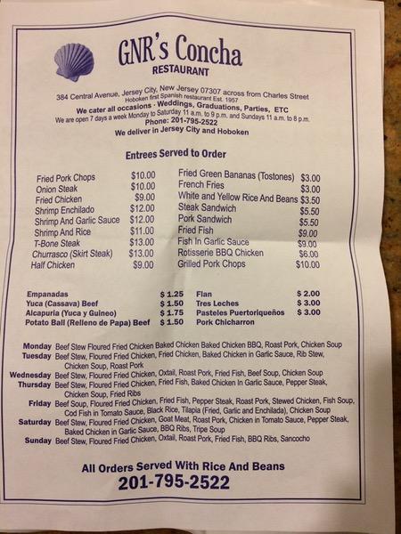 Menu at La Concha restaurant, Jersey City