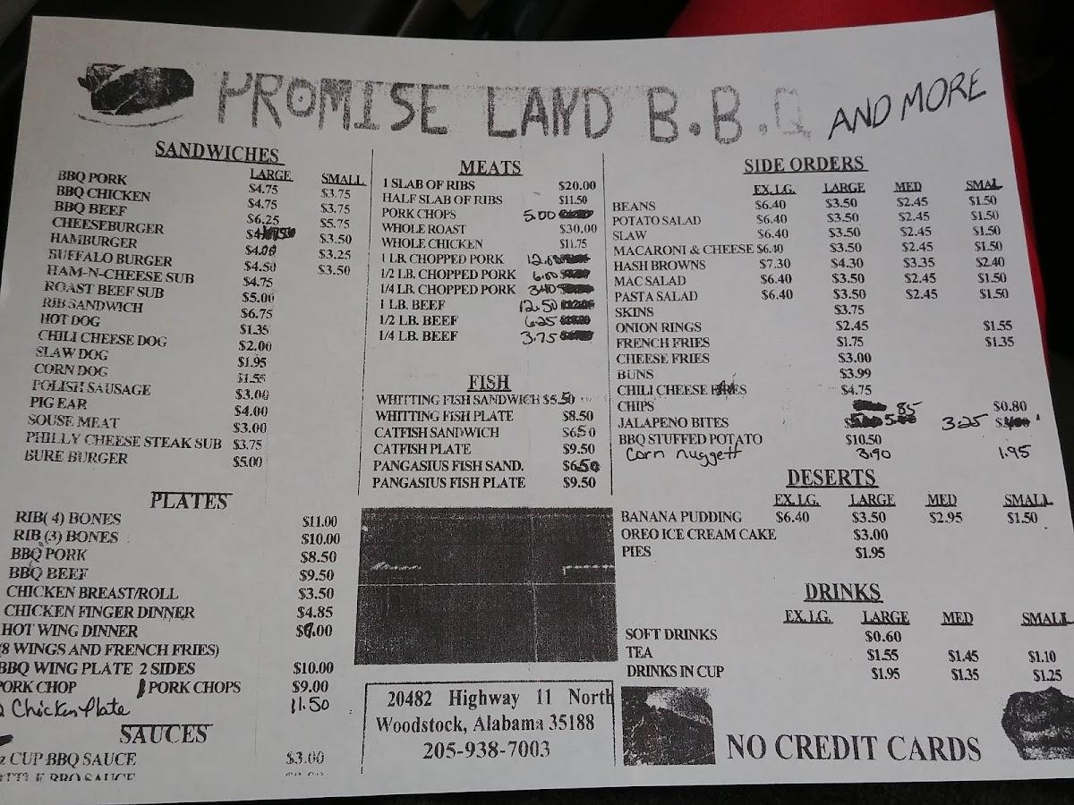 Menu at Promise Land B.B.Q BBQ, Woodstock