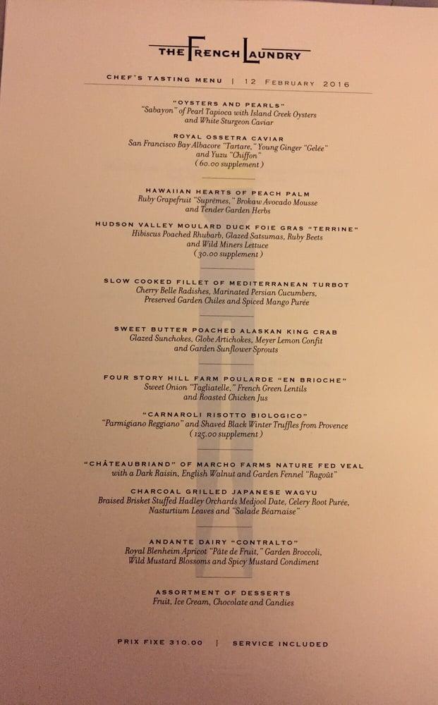 Menu at The French Laundry restaurant, Yountville