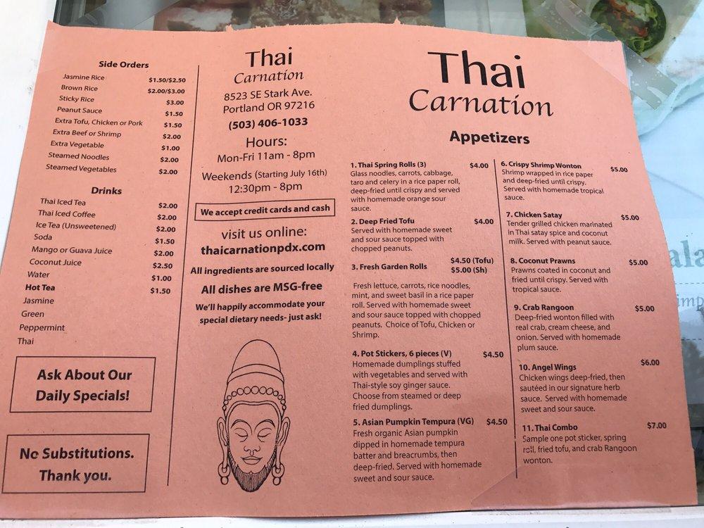 Menu at Thai Carnation Restaurant and Lounge, Troutdale