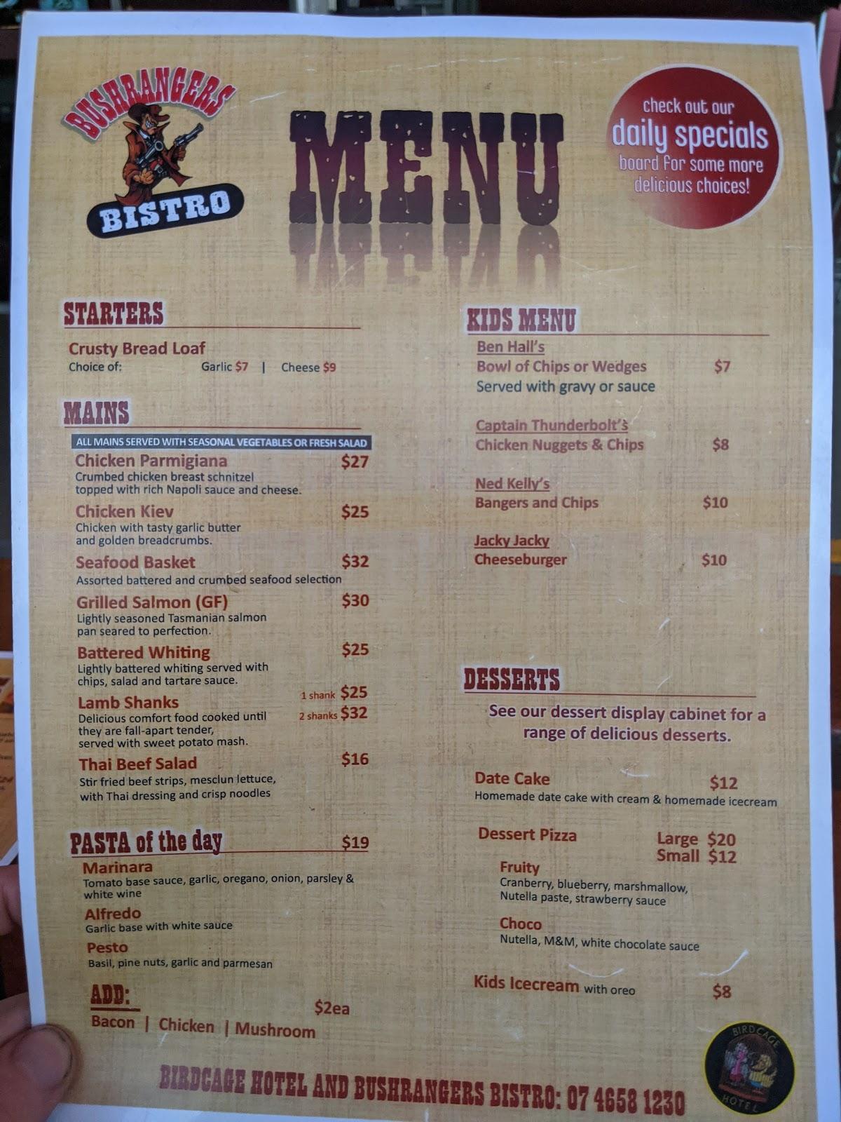 Menu at Bushrangers Bistro pub & bar, Longreach