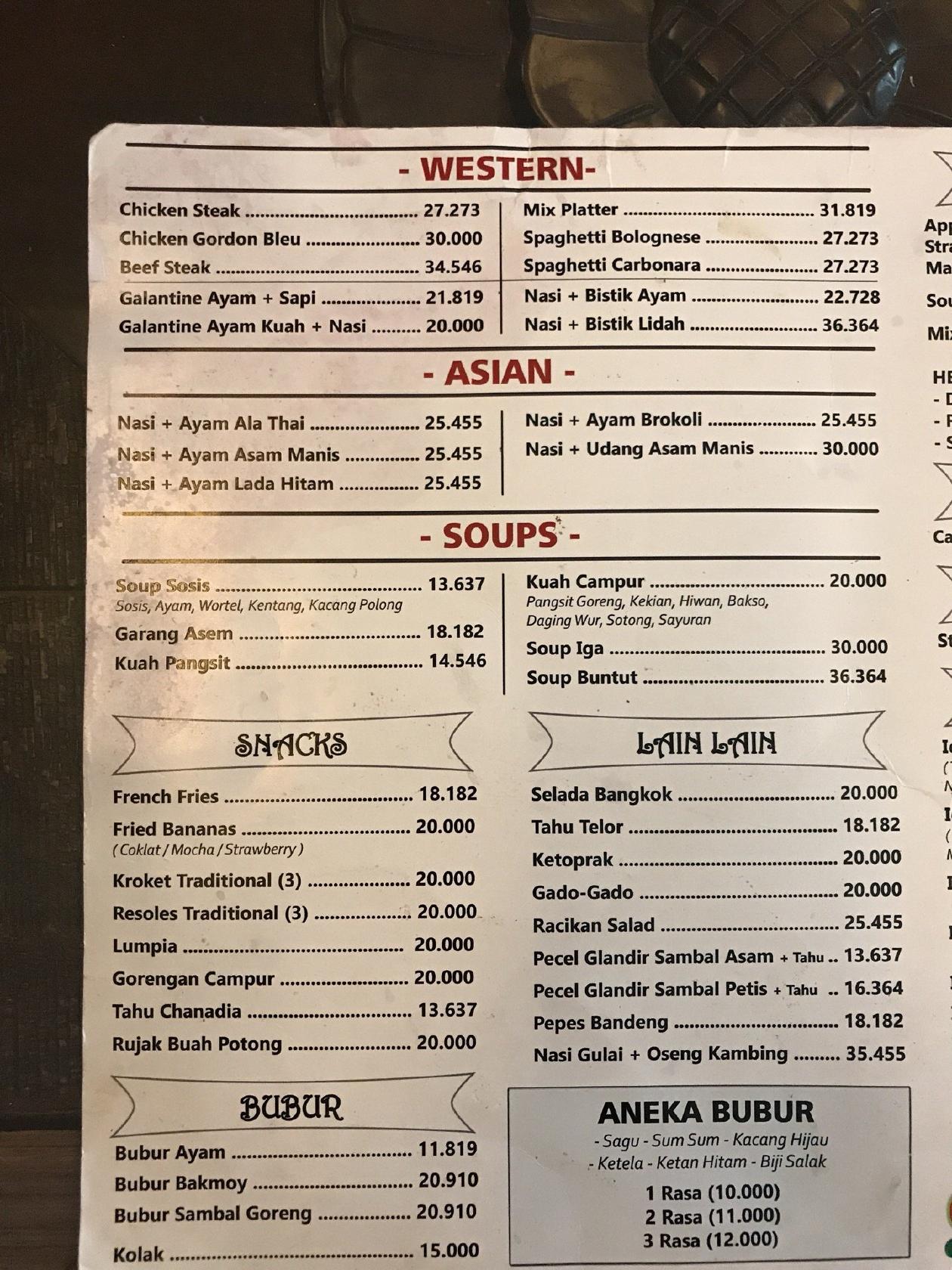 Menu at Chanadia Cipta Rasa Erlangga restaurant, Semarang