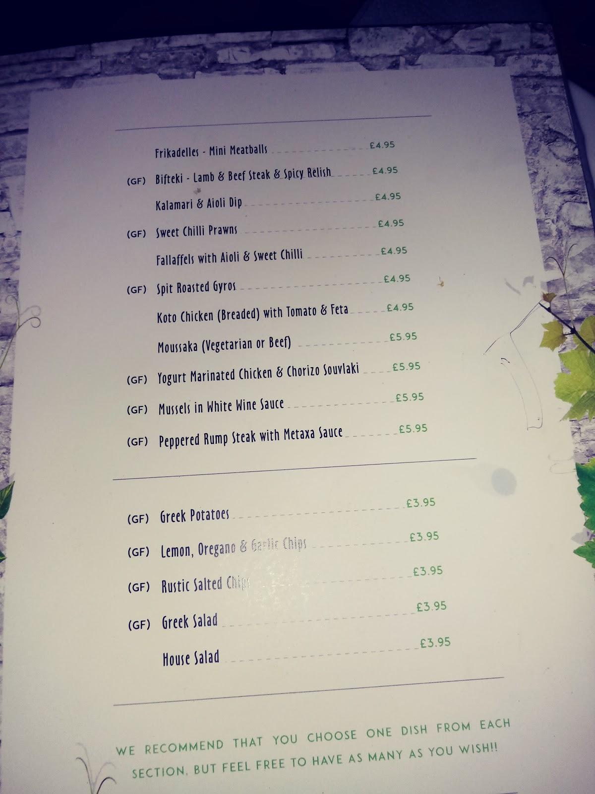 Menu at Dollakis restaurant, Enniskillen