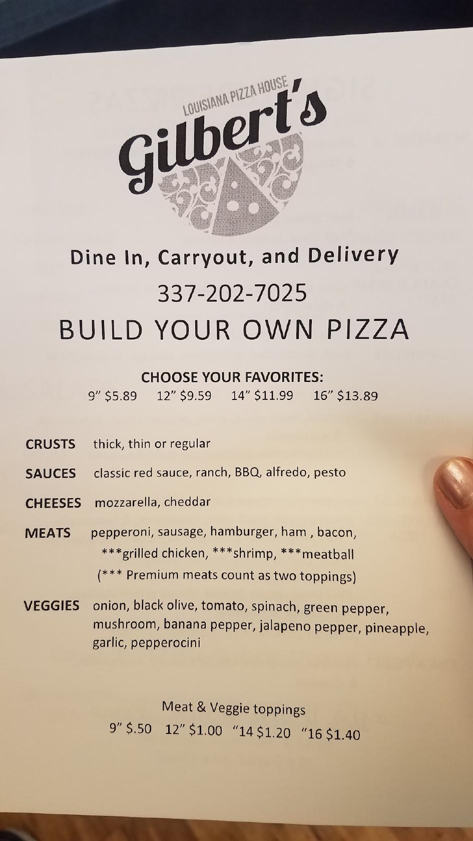 Menu at Gilbert's Pizza restaurant, DeRidder