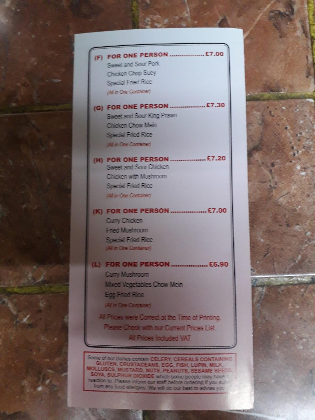 Menu at Loon Tin fast food, Slough