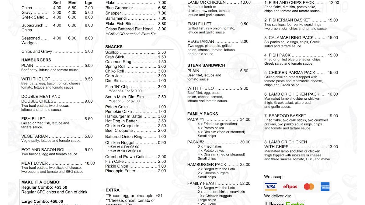 Menu at Olinda Fish Cafe, Olinda, 23 Olinda-Monbulk Rd