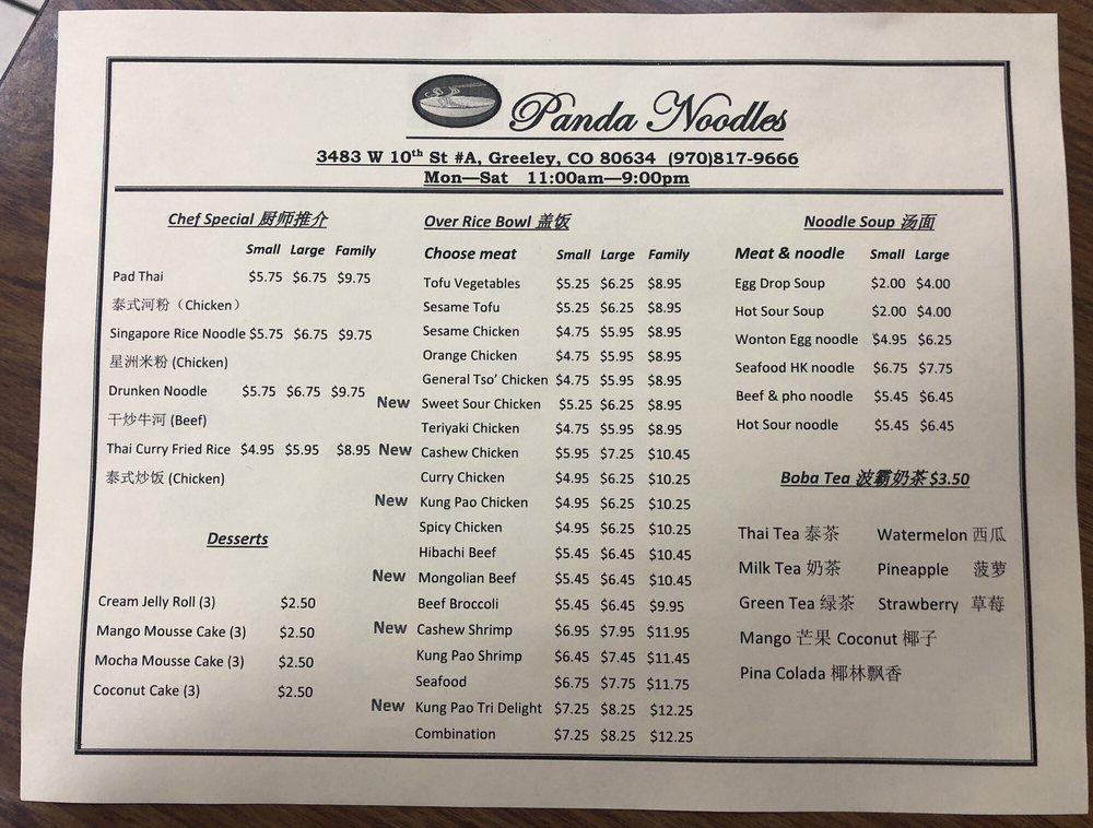 Menu at Panda Noodles restaurant, Greeley