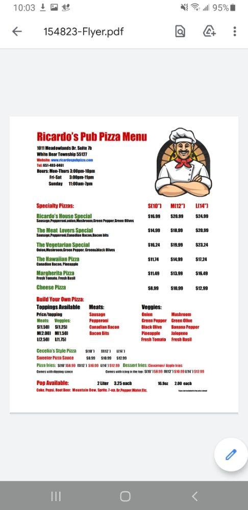 Menu at Ricardo's Pub Pizza, White Bear Lake
