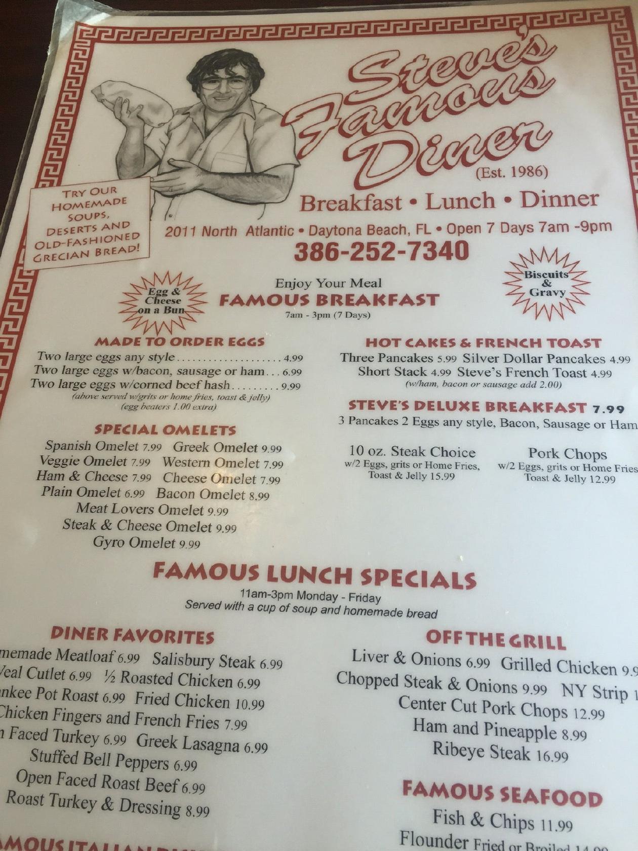 Menu at Steve's Famous Diner restaurant, Daytona Beach, N Atlantic Ave