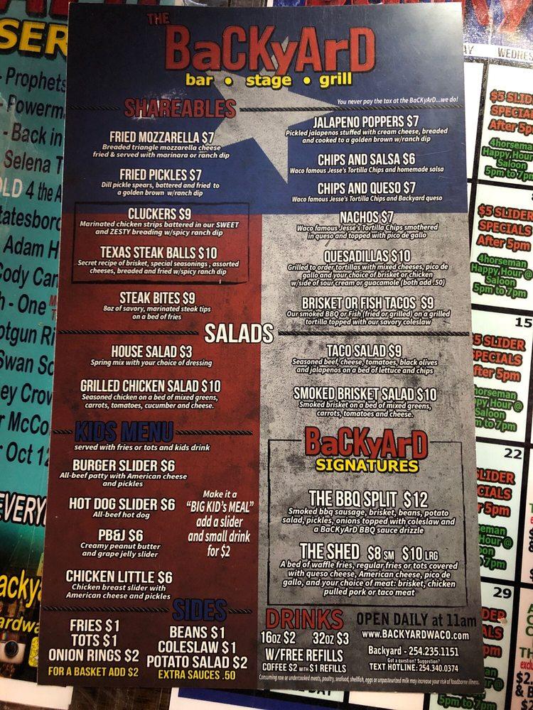 Menu at The Backyard Bar Stage and Grill, Waco