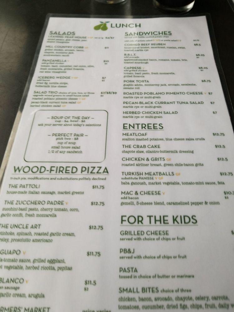 Menu at The Leaning Pear pizzeria, Wimberley