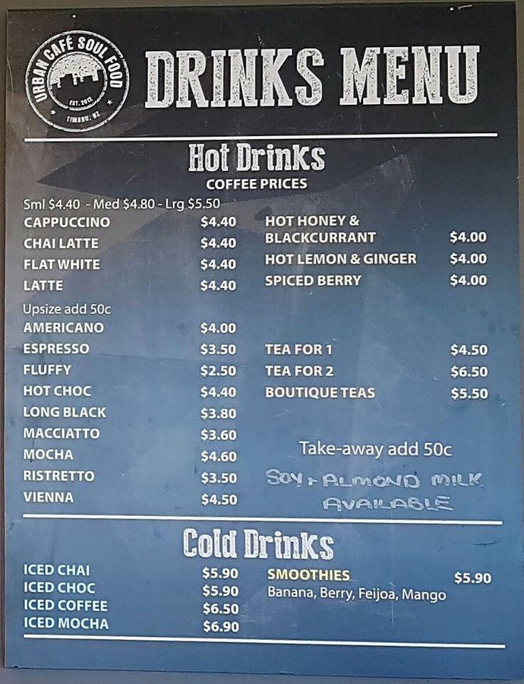 Menu at Urban Cafe, Timaru
